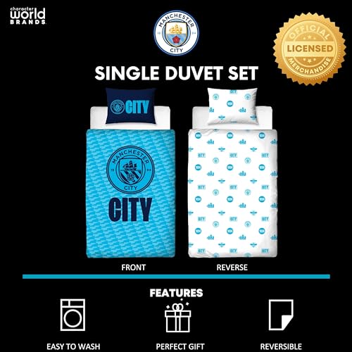 Character World Official Manchester City FC Single Duvet Cover Set, Crestcol Design | Blue Reversible 2 Sided Football Bedding Cover Official Merchandise Including Matching Pillow Case