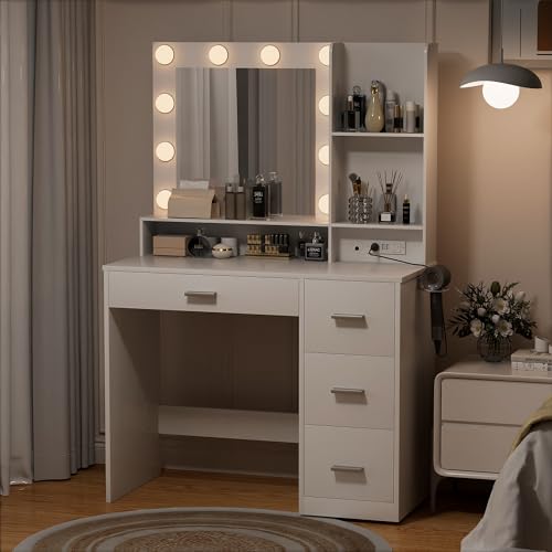 YESHOMY Vanity Desk with Mirror, Power Outlet and 10 Lights, Makeup Table with 4 Drawers, 3 Color Modes Available for Bedroom, White