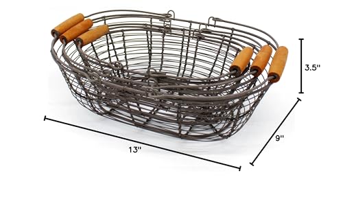 CVHOMEDECO. Oval Metal Wire Storage Baskets Rustic Egg Baskets with Wooden Handles Farmhouse Gathering Baskets. Rusty, Set of 3