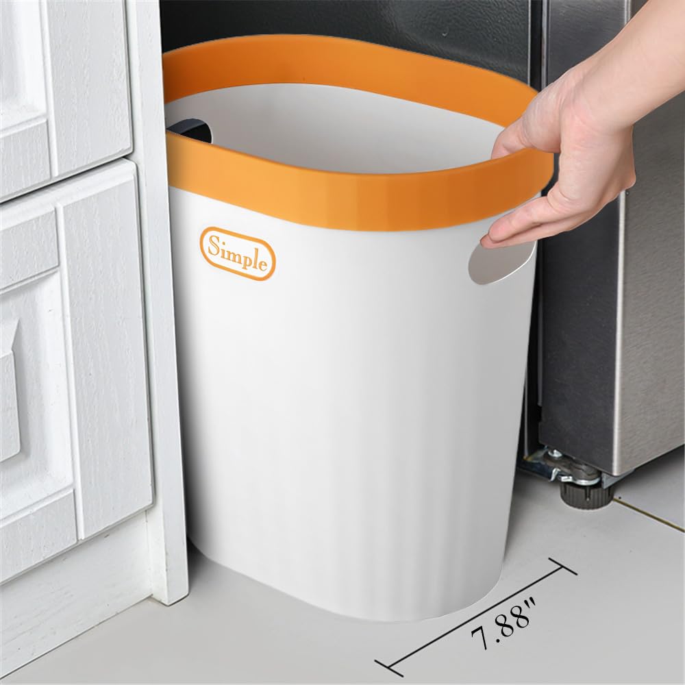 Trash Can, Bathroom Trash Can, Slim Plastic Garbage Can with Handle & Press Ring, Narrow Waste Basket, Trash Bins Waste Container for Bedroom, Bathroom, Kitchen, Office (White)