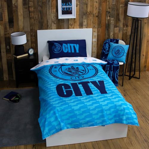 Character World Official Manchester City FC Single Duvet Cover Set, Crestcol Design | Blue Reversible 2 Sided Football Bedding Cover Official Merchandise Including Matching Pillow Case