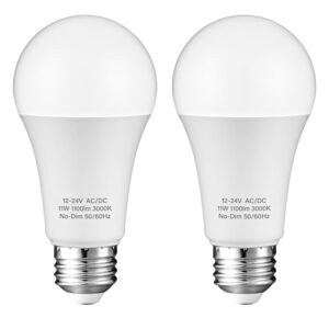 keivo 12 volt light bulb, warm white 3000k, 75 watt equivalent, 11w 1100 lumens, ac/dc 12-24v low voltage led bulbs, a19 e26 standard base, bright bulbs for rv, off grid cabin, camper, 2 pack