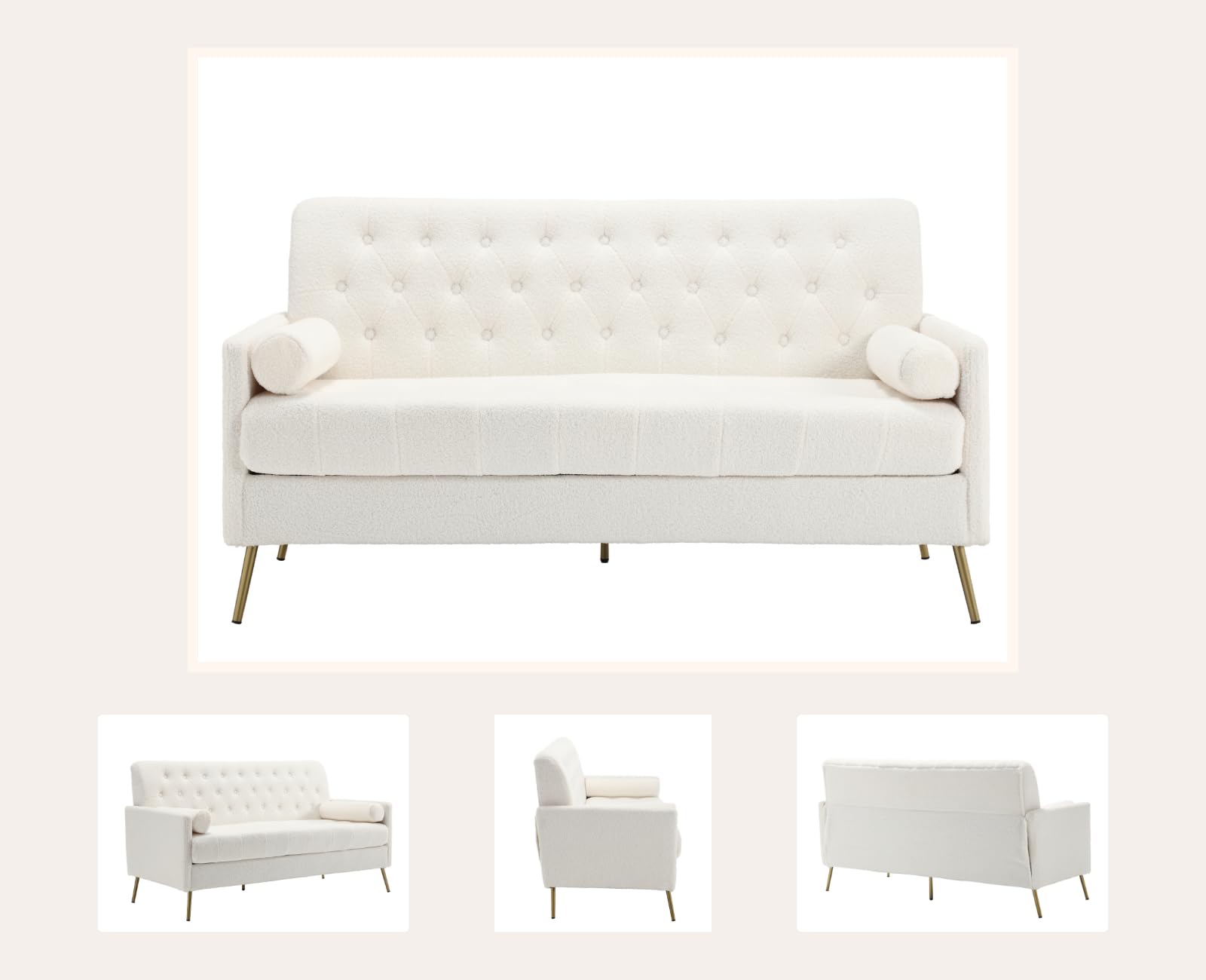 Guyou 60'' Loveseat Sofa Couch, White Sherpa Upholstered 2-Seat Love Sofa Chair with Arms for Living Room Tufted Small Couch Sofa with Removable Cushion and Gold Legs