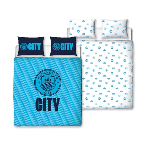 Character World Official Manchester City FC Double Duvet Cover Set, Crestcol Design | Blue Reversible 2 Sided Football Bedding Cover Official Merchandise Including Matching Pillow Cases