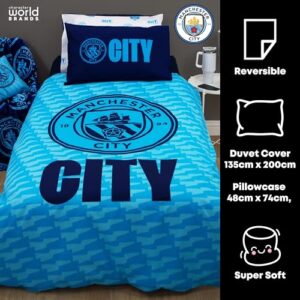 Character World Official Manchester City FC Single Duvet Cover Set, Crestcol Design | Blue Reversible 2 Sided Football Bedding Cover Official Merchandise Including Matching Pillow Case