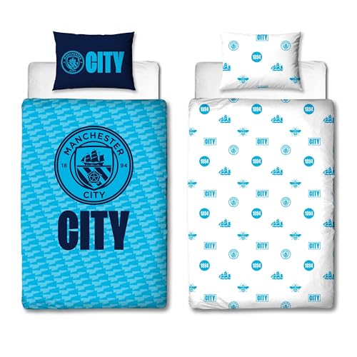 Character World Official Manchester City FC Single Duvet Cover Set, Crestcol Design | Blue Reversible 2 Sided Football Bedding Cover Official Merchandise Including Matching Pillow Case