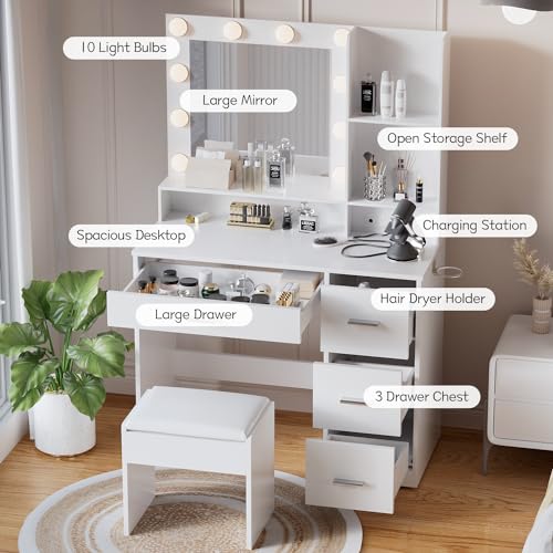 YESHOMY Vanity Desk with Mirror, Power Outlet and 10 Lights, Makeup Table with 4 Drawers, 3 Color Modes Available for Bedroom, White