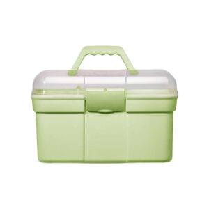 Fenteer Green 2-Layer Storage Box, Portable Handled Art Supply Organizer for Sewing Nail Kits PP Material, Multipurpose Storage Bin for Cosmetic Makeup, 11.18x7.87x7.68 inches