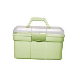 fenteer green 2-layer storage box, portable handled art supply organizer for sewing nail kits pp material, multipurpose storage bin for cosmetic makeup, 11.18x7.87x7.68 inches