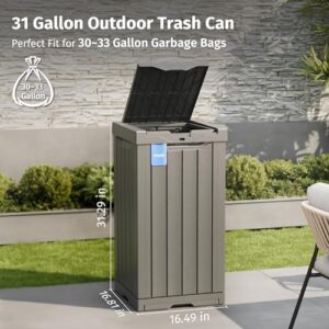 EAST OAK 31 Gallon Outdoor Trash Can | Waterproof Resin Garbage Can with Recycle and Garbage Labels | Secure Bag Lip Lock and Drip Tray | Outside Trash Bin for Patio | Kitchen, Backyard or Deck | Gray