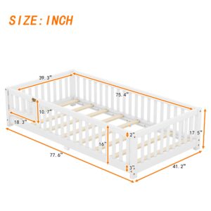 CITYLIGHT Twin Size Floor Bed with Rails, Wood Montessori Floor Bed Twin with Support Slats, Kids Twin Bed Frame with Door Design for Boys,Girls, White