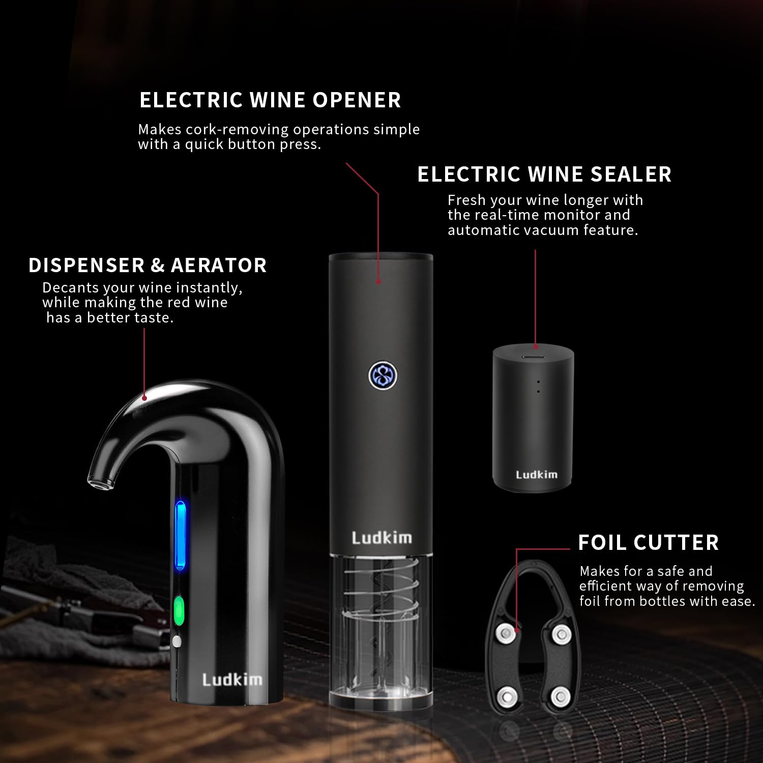 Ludkim Electric Wine Opener Set, All-in-One Wine Gift Set With Electric Aerator Dispenser, Automatic Electric Corkscrew, Automatic Saver Vaccum Pump, Foil Cutter and Gift Box