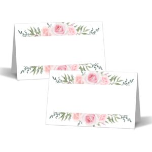 zmyollo blush pink floral table place cards - 25pcs tent cards - 2.1” x 3.5“ food lables - name place cards for table setting - name cards for birthday party baby shower - scored for easy folding -15