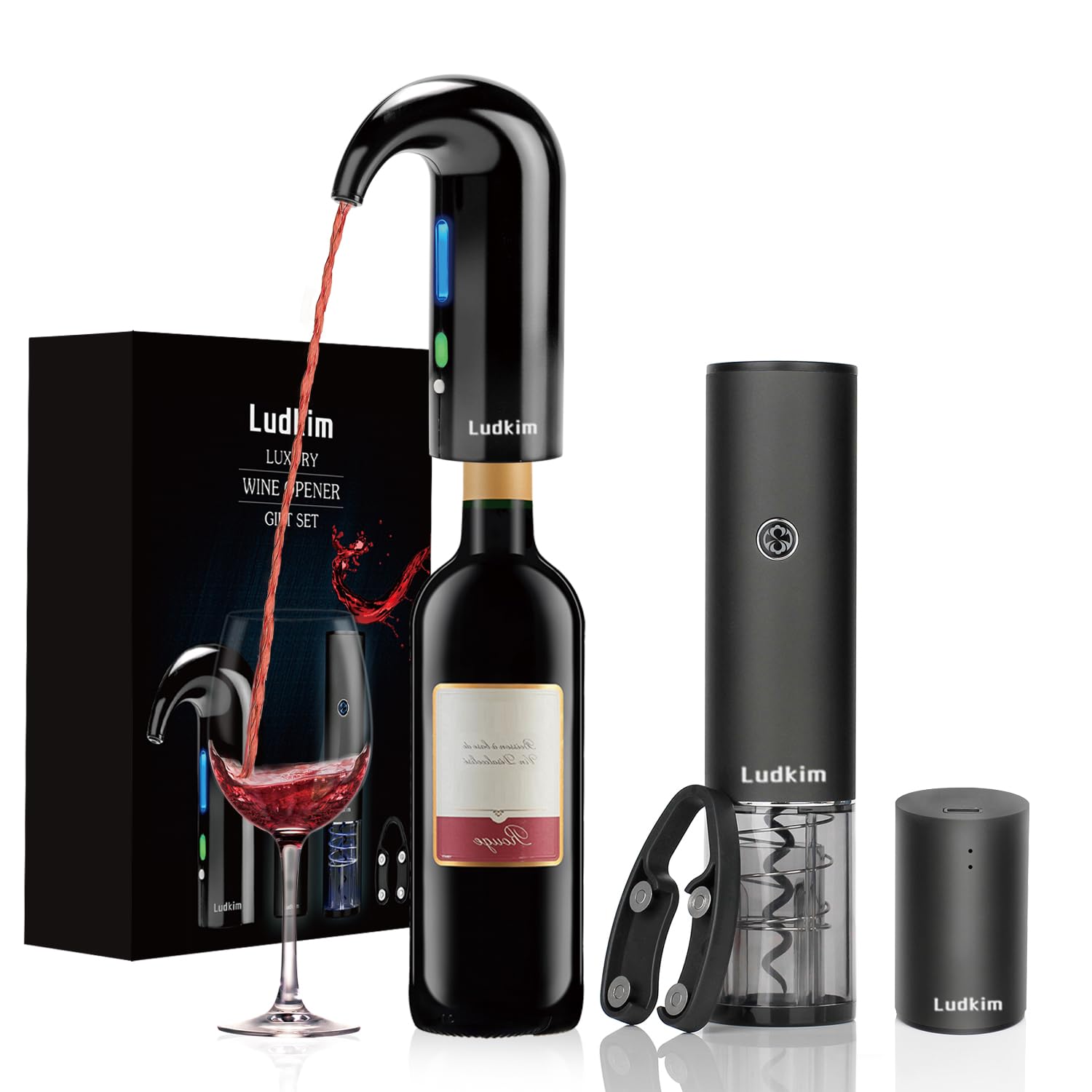 Ludkim Electric Wine Opener Set, All-in-One Wine Gift Set With Electric Aerator Dispenser, Automatic Electric Corkscrew, Automatic Saver Vaccum Pump, Foil Cutter and Gift Box