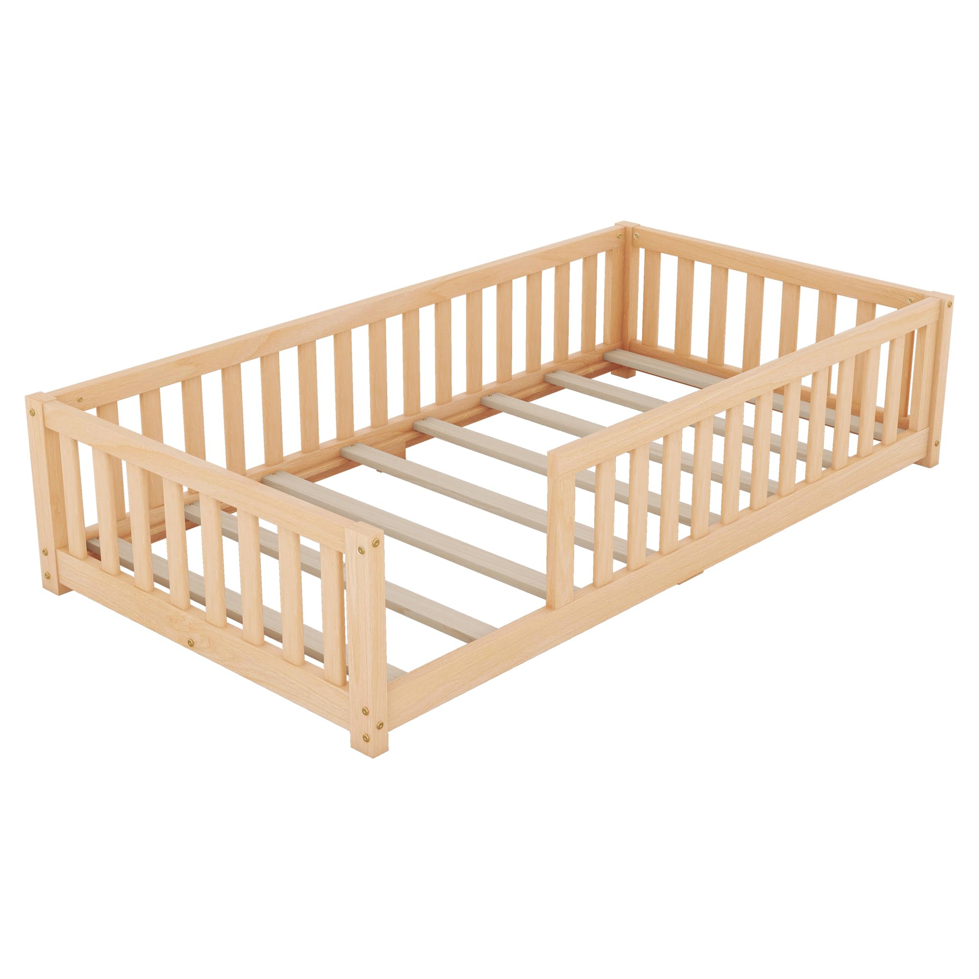 CITYLIGHT Twin Size Floor Bed with Rails, Wood Montessori Floor Bed Twin with Support Slats, Kids Twin Bed Frame with Door Design for Boys,Girls, Natural