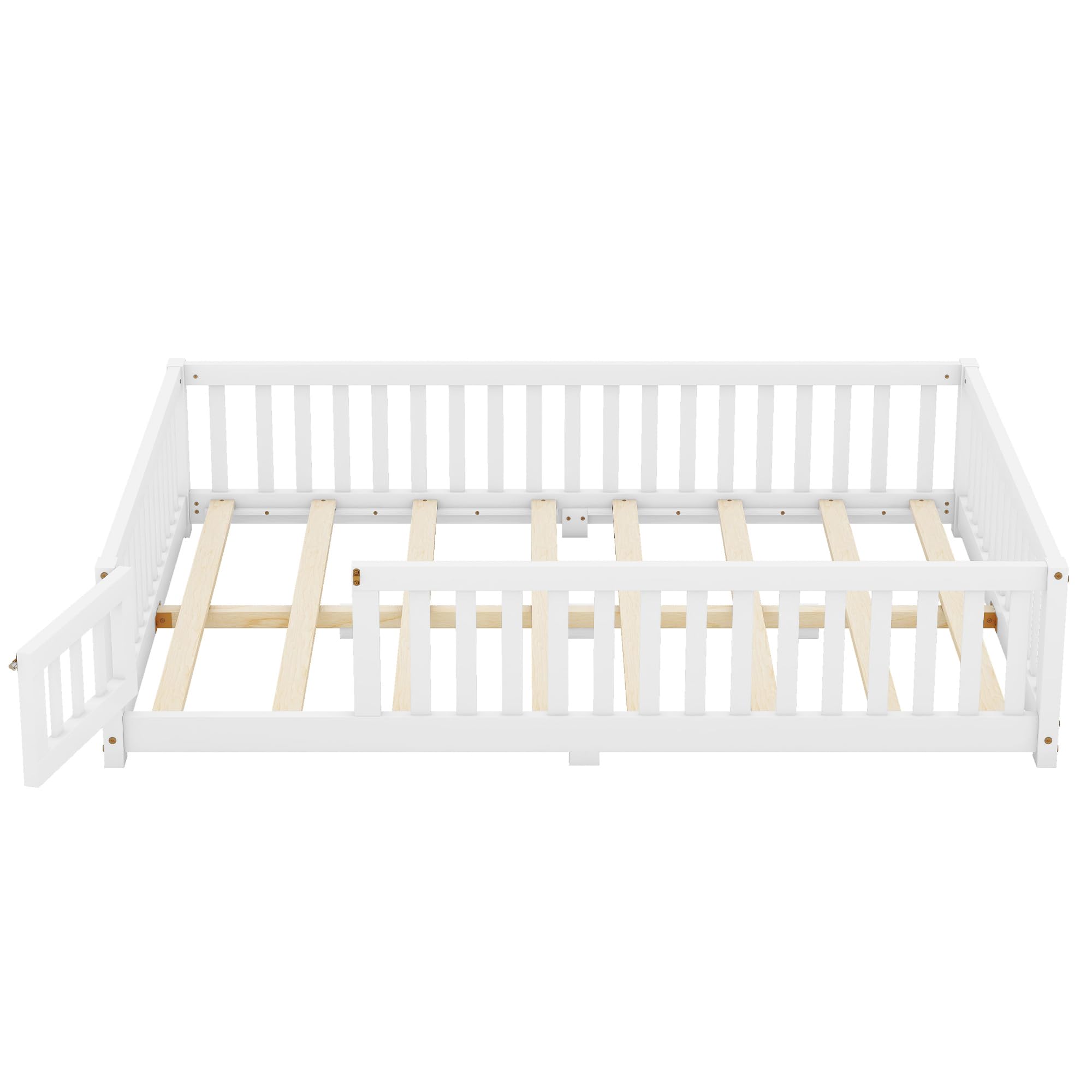 CITYLIGHT Full Size Floor Bed with Rails, Wood Montessori Floor Bed Full with Support Slats, Kids Full Bed Frame with Door Design for Boys,Girls, White