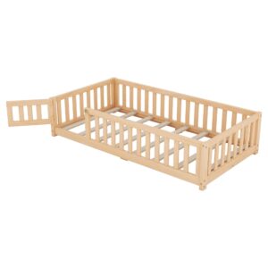 CITYLIGHT Twin Size Floor Bed with Rails, Wood Montessori Floor Bed Twin with Support Slats, Kids Twin Bed Frame with Door Design for Boys,Girls, Natural