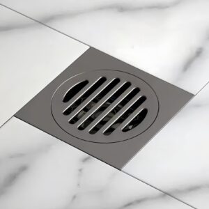 Brass Square Shower Drain with Matte Gray ，Removable Quadrato Pattern Grate & Upgrade Thread Adapter Shower Floor Drain Kit with Flange, Hair Strainer, Not Fit for Bathtub.