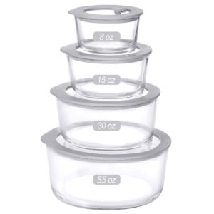 ecoevo glass food containers with glass lid, microwave safe glass food storage container, large 4 pack round shape, glass food containers with lids, glass meal prep containers with leak proof lid.