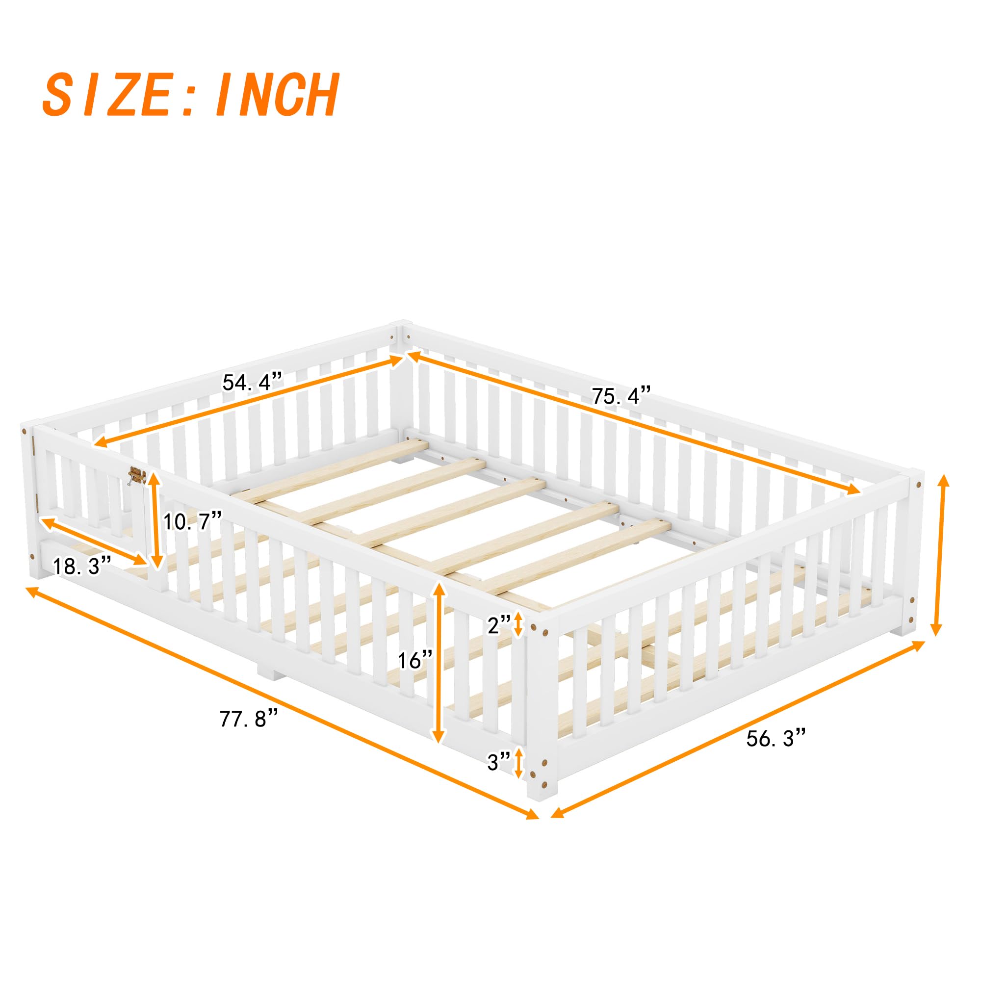 CITYLIGHT Full Size Floor Bed with Rails, Wood Montessori Floor Bed Full with Support Slats, Kids Full Bed Frame with Door Design for Boys,Girls, White