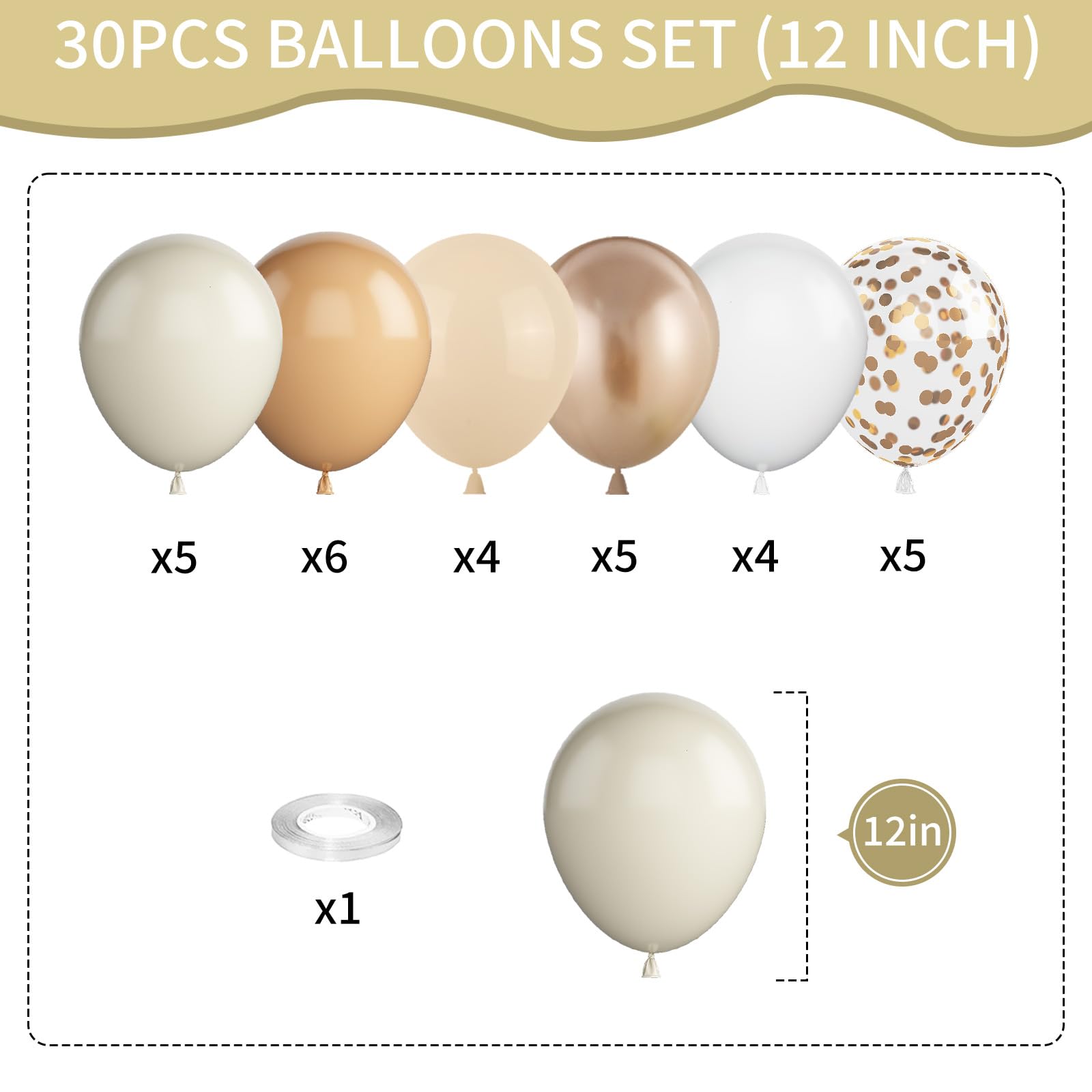 Cream and Sand Gold Balloons Set, 12 Inch Double Stuffed Beige Balloons with Metallic Chrome Champagne Nude Neutral Cream White Balloon for Bridal Baby Shower Birthday Wedding Party Decorations