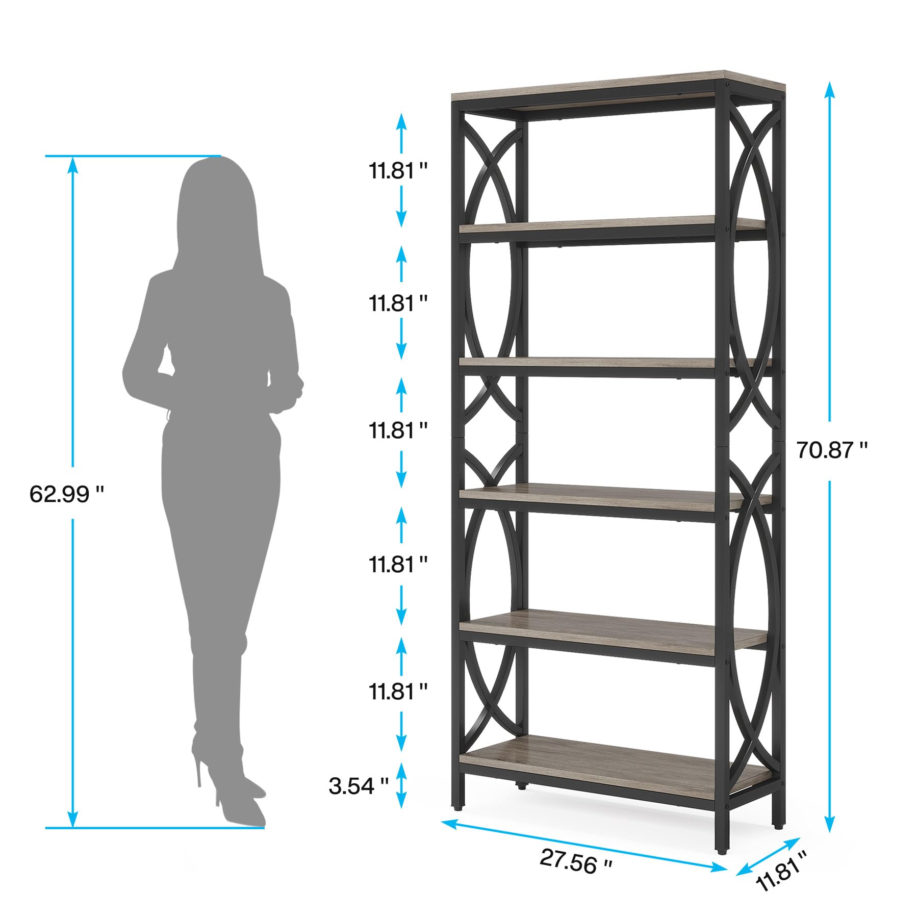 Tribesigns 6-Tier Bookshelf, 70.8" Tall Bookcase, Modern Wooden Bookshelf with Metal Frame, Freestanding Open Storage Shelves/Shelving Unit for Office, Bedroom, Living Room (Grey, 1PC)