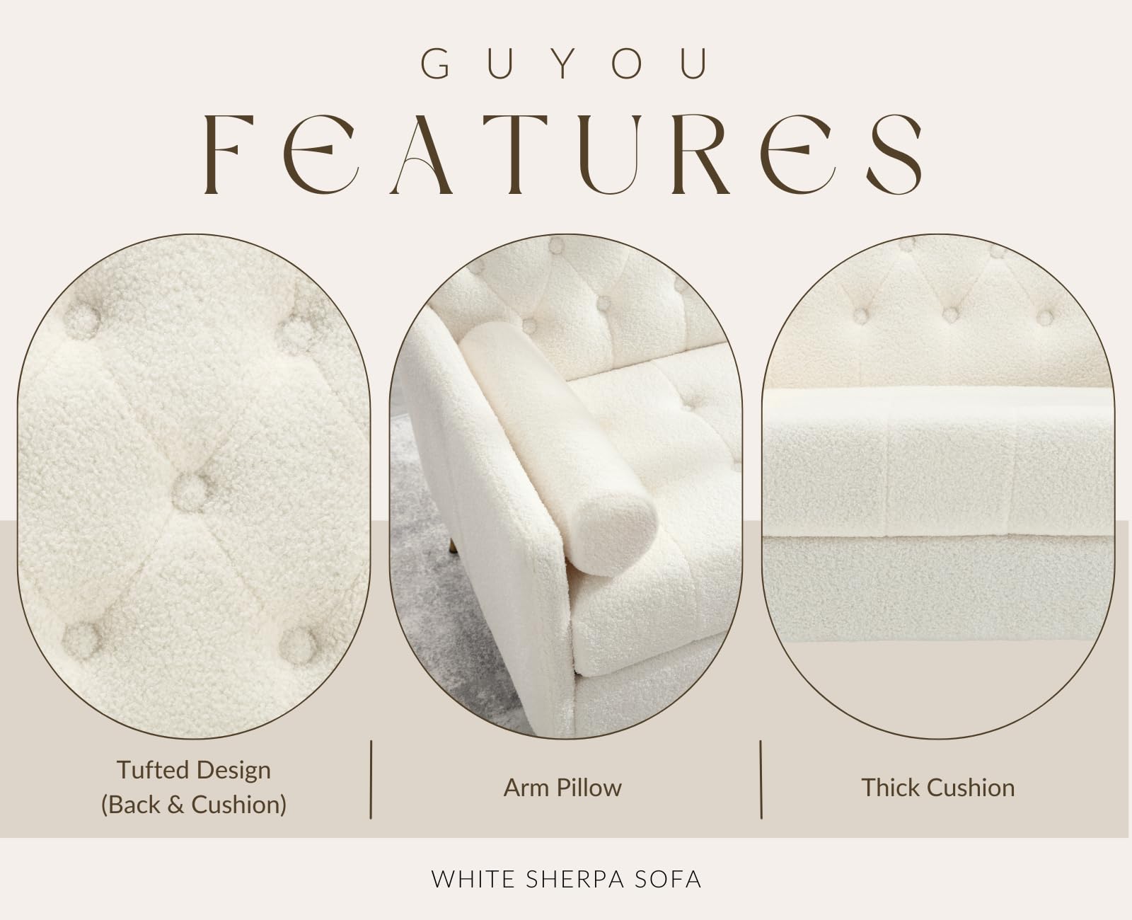 Guyou 60'' Loveseat Sofa Couch, White Sherpa Upholstered 2-Seat Love Sofa Chair with Arms for Living Room Tufted Small Couch Sofa with Removable Cushion and Gold Legs