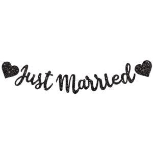 beishida black just married banner - no diy, glitter wedding party banner,just married signs, bachelorette/bridal garland,engagement party decor supplies, wedding reception party decorations.