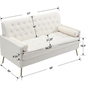 Guyou 60'' Loveseat Sofa Couch, White Sherpa Upholstered 2-Seat Love Sofa Chair with Arms for Living Room Tufted Small Couch Sofa with Removable Cushion and Gold Legs