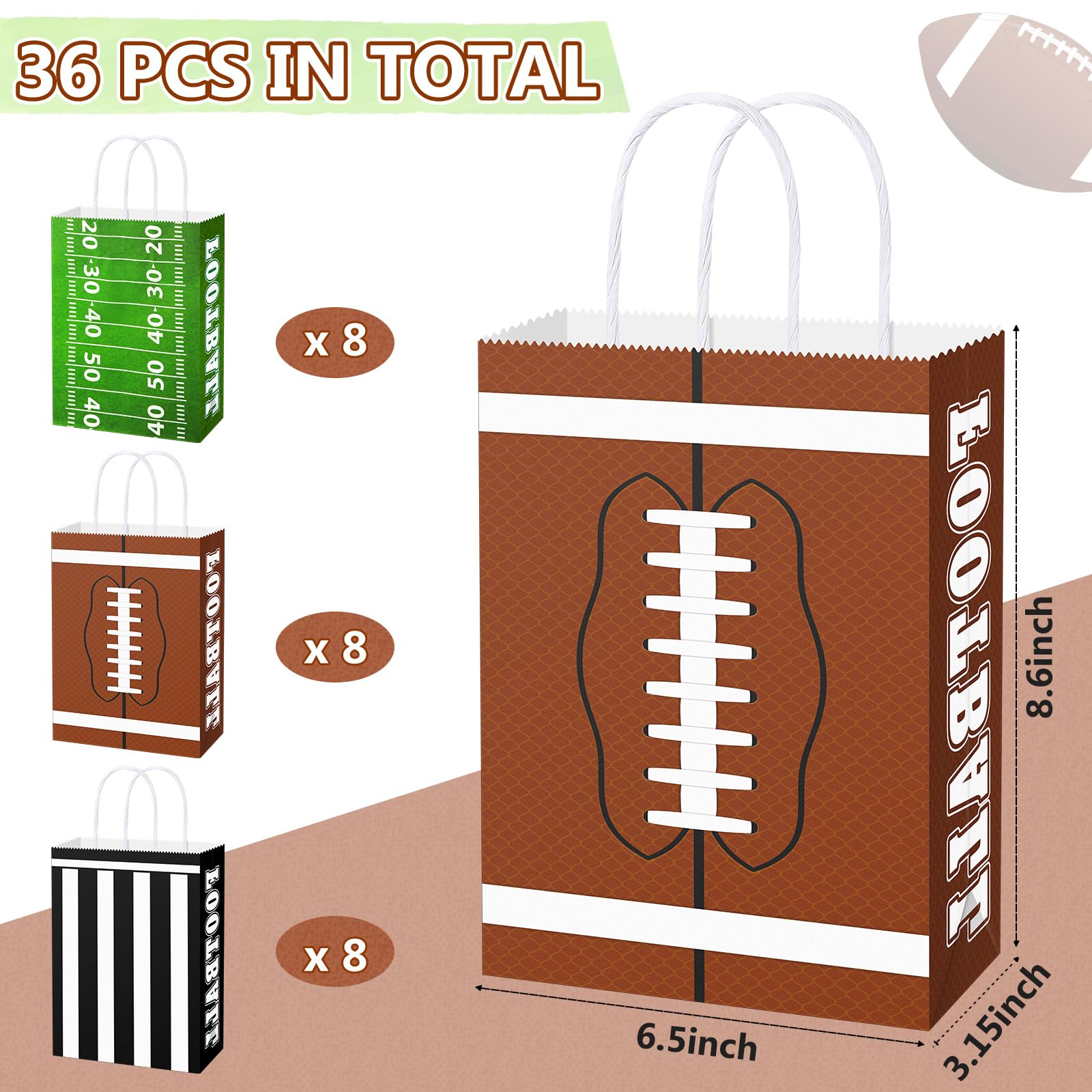 Pasimy 24 Pcs Football Gifts Bag with 24 Pcs Tissue Papers Goody Bags Treat Bags Present Bags for Football Game Party Theme Football Paper Treat Bags Party Favors Supplies, 8.6 x 6.3 x 3.15 Inch