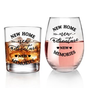 onehaus new home new adventures wine and whiskey glass gift set - unique housewarming gift for new homeowners - new home gift ideas for women and men