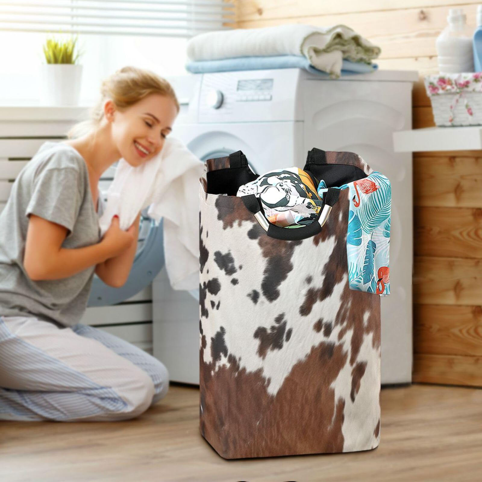 Flradish Cow Print Large Laundry Hamper Collapsible Waterproof Freestanding Laundry Basket with Handles for Laundry Living Room,Bathroom