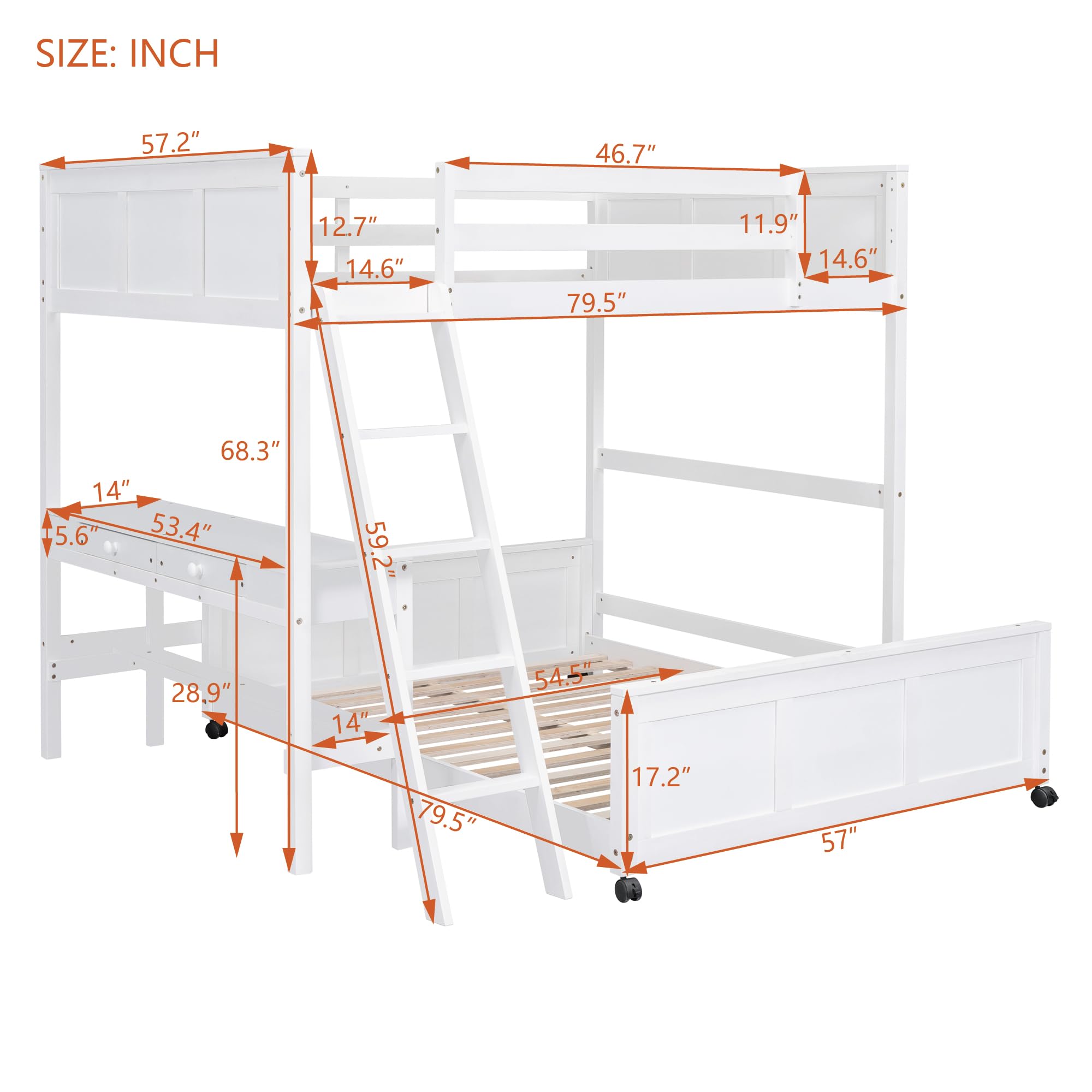 Full Over Full Loft Bed with Desk and Storage Drawers, Wood Bunk Loft Bunk Bed for Kids, Can Be Separated into A Full Size Platform Bed Frame and A Loft Bed for Girls Boys Teens, White