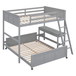 Full Over Full Loft Bed with Desk and Storage Drawers, Wood Bunk Loft Bunk Bed for Kids, Can Be Separated into A Full Size Platform Bed Frame and A Loft Bed for Girls Boys Teens, Gray