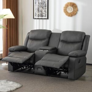 PALLOME Loveseat Recliner Sofa, PU Leather Loveseat Recliner, Manual Recliner Loveseat with Console, Double Recliner RV Sofa with Cup Holders and Side Pocket for Living Room/Office/Apartment (Grey)