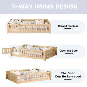 CITYLIGHT Full Size Floor Bed with Rails, Wood Montessori Floor Bed Full with Support Slats, Kids Full Bed Frame with Door Design for Boys,Girls, Natural