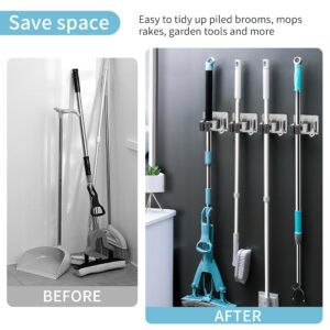 AISIDERK 4Pcs Broom and Mop Holder, Stainless Steel Broom Storage Holder, Self Adhesive Anti-Slip Adhesive Hook Broom Holder Wall Mount, Mop Gripper with Hook for Kitchen Bathroom Closet Garden Garage