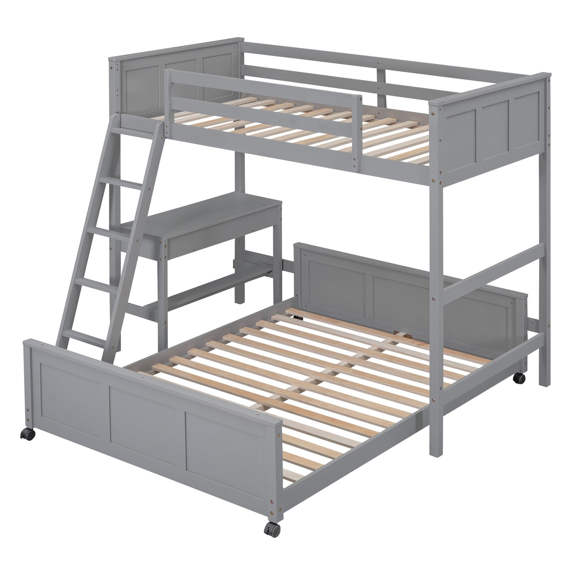 Twin Over Full Loft Bed with Desk and Storage Drawers, Wood Bunk Loft Bunk Bed for Kids, Can Be Separated into A Full Bed Frame and A Twin Size Loft Bed for Girls Boys Teens, Gray