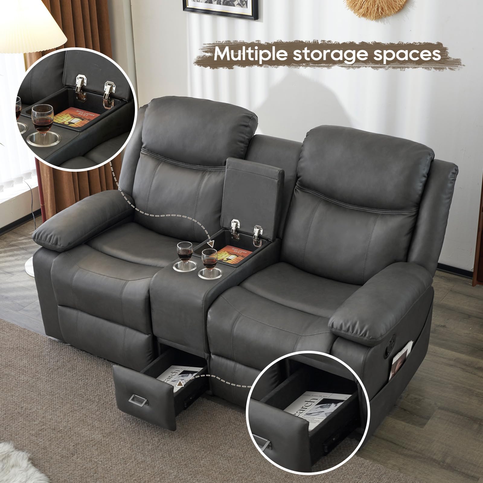 PALLOME Loveseat Recliner Sofa, PU Leather Loveseat Recliner, Manual Recliner Loveseat with Console, Double Recliner RV Sofa with Cup Holders and Side Pocket for Living Room/Office/Apartment (Grey)