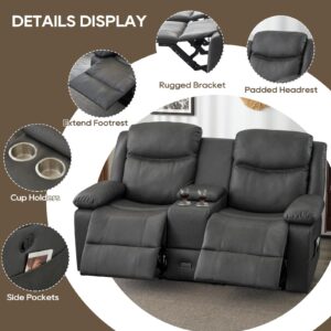 PALLOME Loveseat Recliner Sofa, PU Leather Loveseat Recliner, Manual Recliner Loveseat with Console, Double Recliner RV Sofa with Cup Holders and Side Pocket for Living Room/Office/Apartment (Grey)