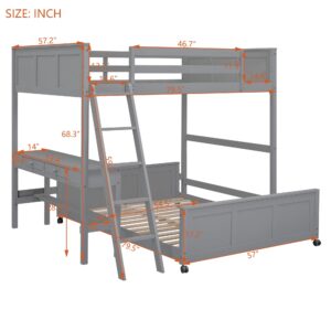 Full Over Full Loft Bed with Desk and Storage Drawers, Wood Bunk Loft Bunk Bed for Kids, Can Be Separated into A Full Size Platform Bed Frame and A Loft Bed for Girls Boys Teens, Gray