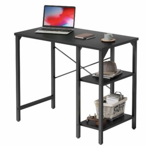 banti small computer desk with drawers, 35 inch home office desk with 2storage shelves on left or right side, study writing desk with storage bag, black