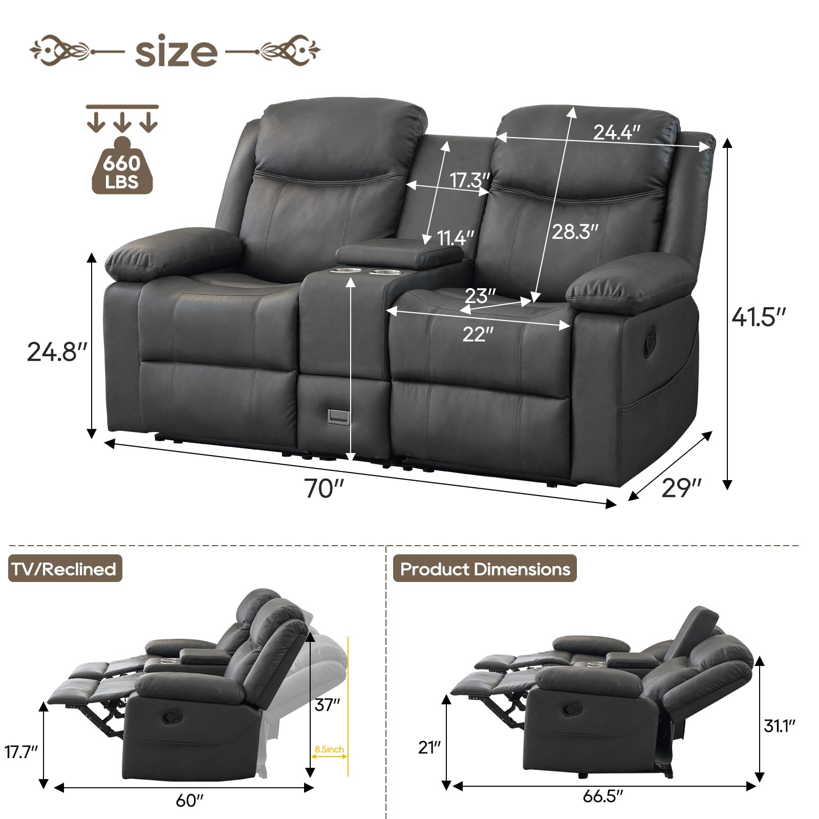 PALLOME Loveseat Recliner Sofa, PU Leather Loveseat Recliner, Manual Recliner Loveseat with Console, Double Recliner RV Sofa with Cup Holders and Side Pocket for Living Room/Office/Apartment (Grey)