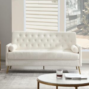 Guyou 60'' Loveseat Sofa Couch, White Sherpa Upholstered 2-Seat Love Sofa Chair with Arms for Living Room Tufted Small Couch Sofa with Removable Cushion and Gold Legs