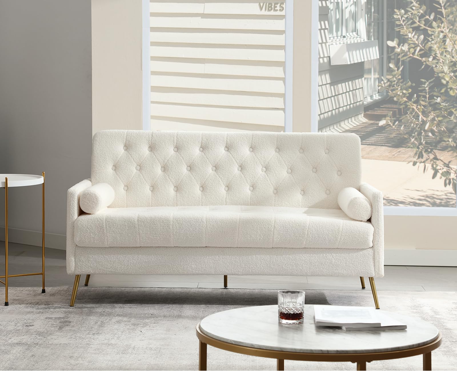 Guyou 60'' Loveseat Sofa Couch, White Sherpa Upholstered 2-Seat Love Sofa Chair with Arms for Living Room Tufted Small Couch Sofa with Removable Cushion and Gold Legs