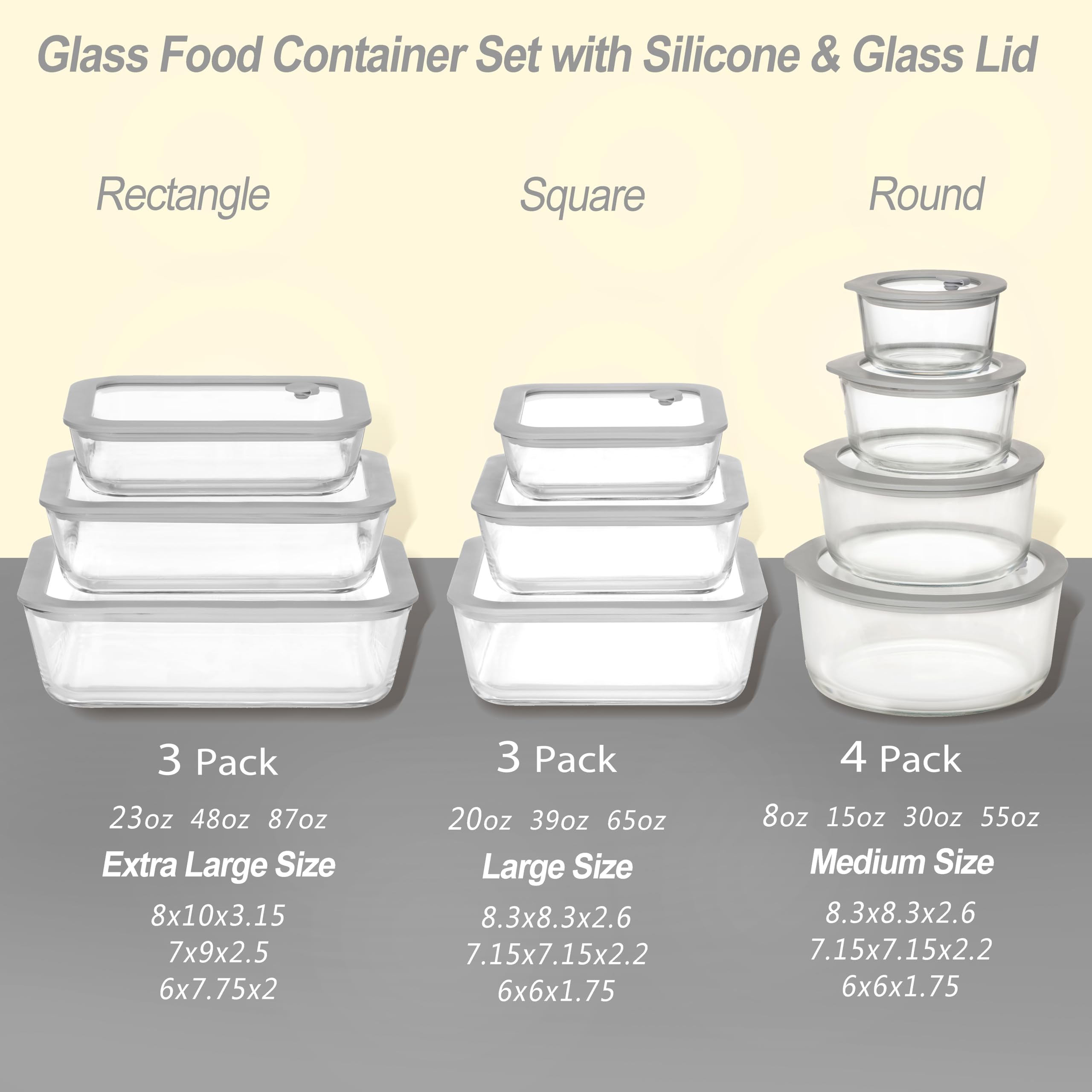 EcoEvo Glass Food Containers with Glass Lid, Microwave Safe Glass Food Storage Container Set, 3 Pack, Square Shape, Glass Food Containers with Lids, Glass Meal Prep containers with Leak Proof Lid.