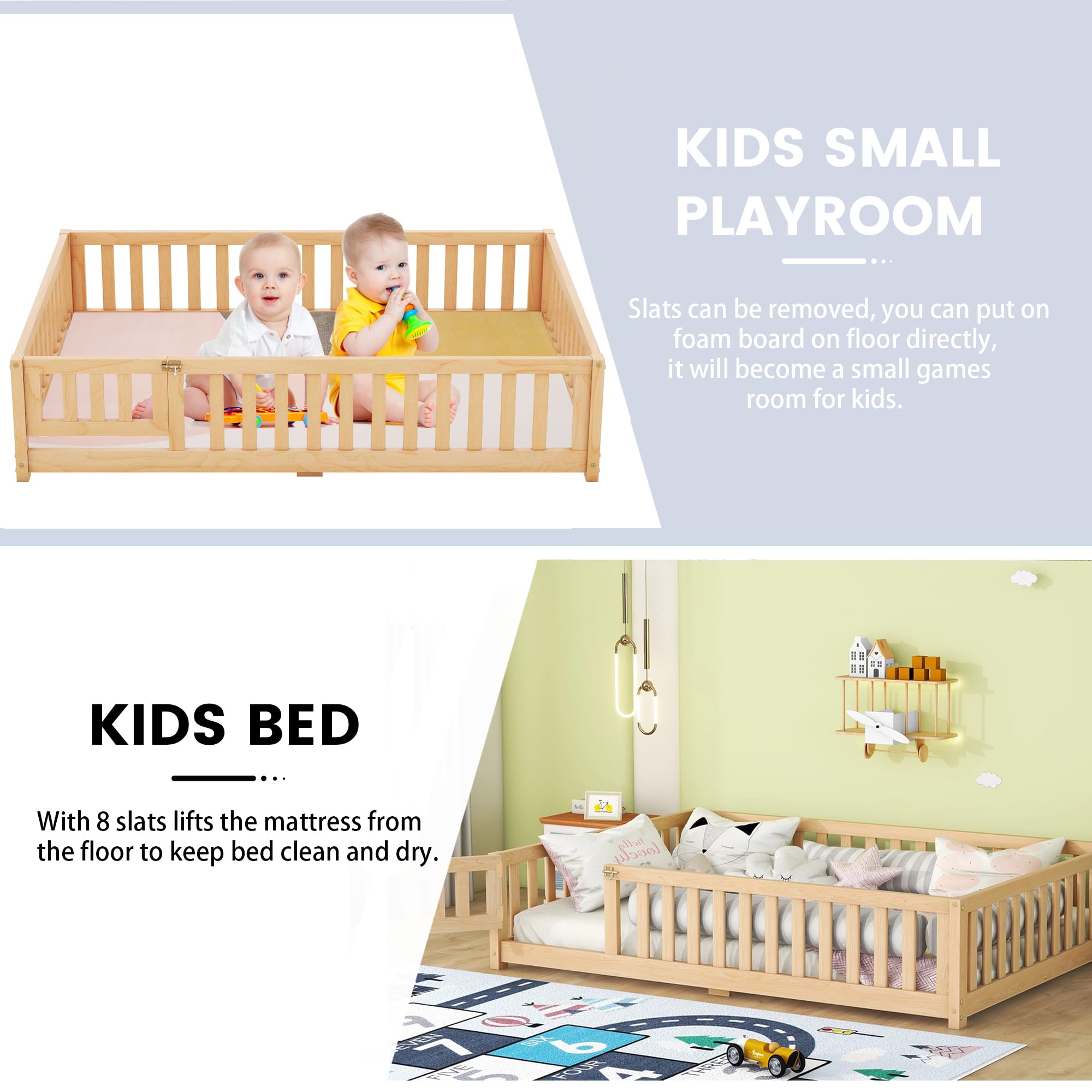 CITYLIGHT Full Size Floor Bed with Rails, Wood Montessori Floor Bed Full with Support Slats, Kids Full Bed Frame with Door Design for Boys,Girls, Natural