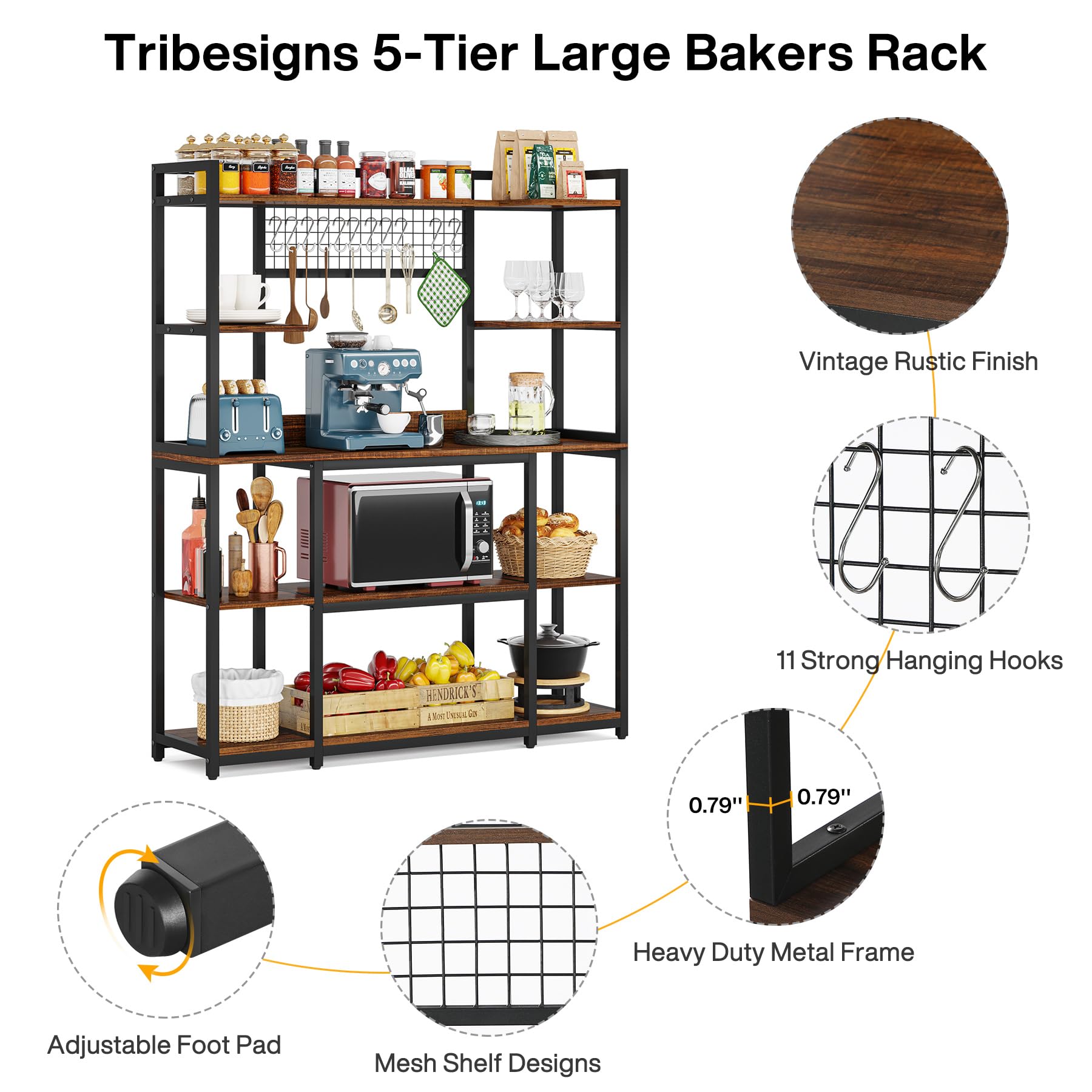 Tribesigns Large Bakers Rack, 55" Wide Kitchen Hutch Cabinet Microwave Stand with 11 Hooks, 5-Tier Baker’s Rack Kitchen Storage Shelf Rack with Hutch, Rustic Brown