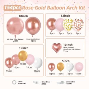 154pcs Rose Gold Balloon Arch Garland Kit, Metallic Rose Gold and Pink Gold White Balloons for Birthday Baby Shower Bachelorette Wedding Bridal Shower Decorations