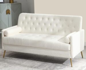 guyou 60'' loveseat sofa couch, white sherpa upholstered 2-seat love sofa chair with arms for living room tufted small couch sofa with removable cushion and gold legs